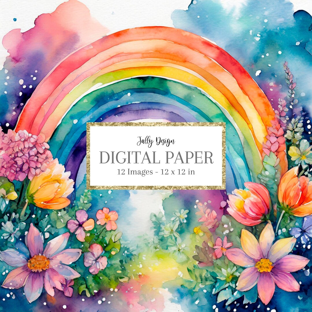 Watercolor Rainbow and Colorful Spring Flowers Digital Paper ...