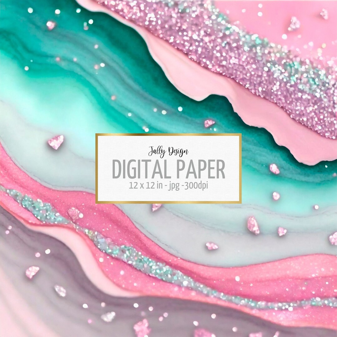 Pastel Pink and Teal Alcohol Ink Digital Papers With Glitter Confetti ...