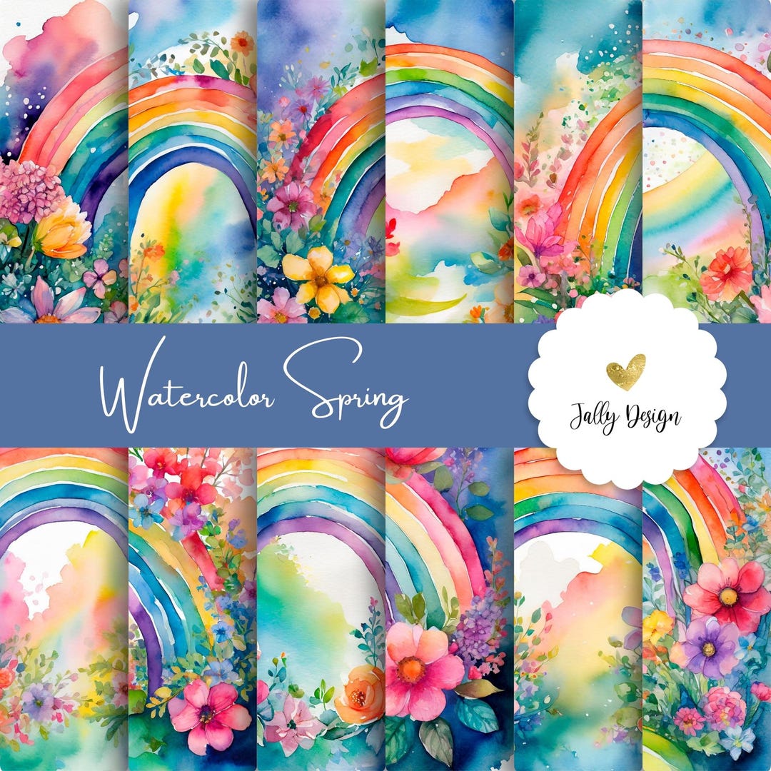 Watercolor Rainbow and Colorful Spring Flowers Digital Paper ...