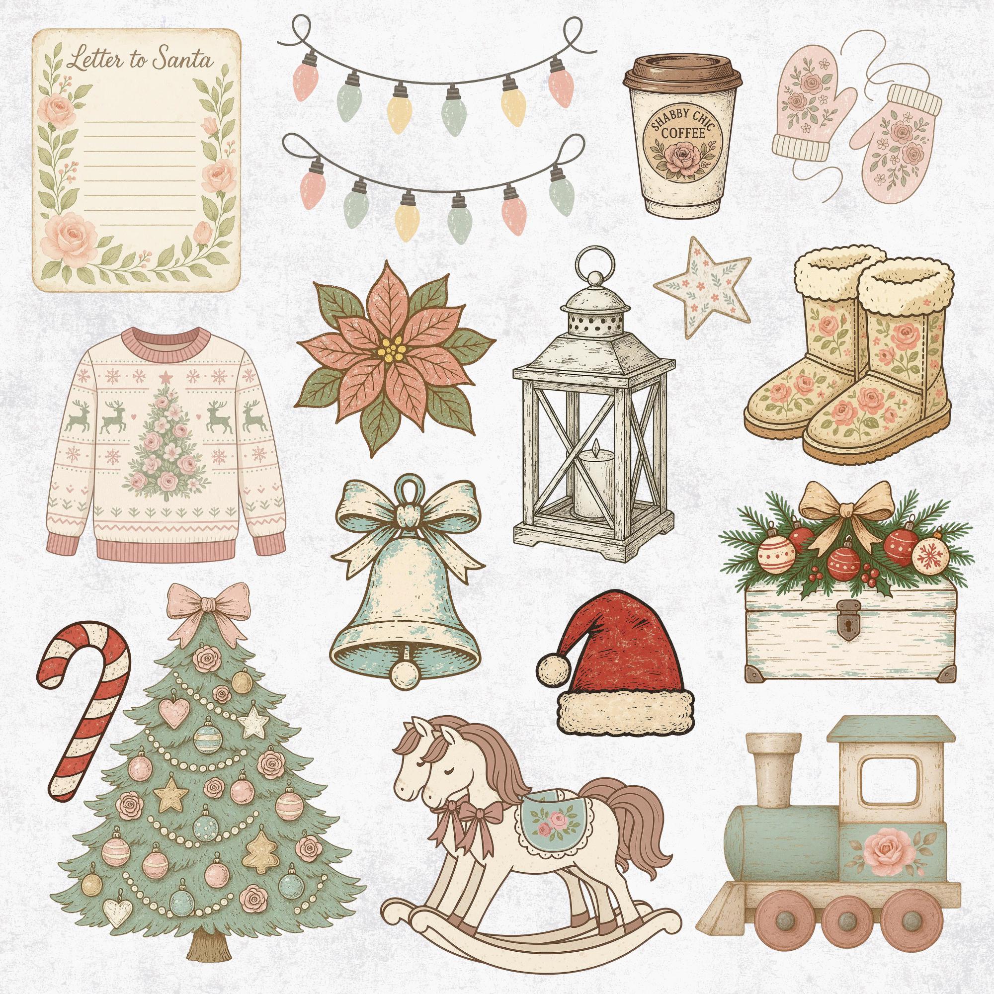 Shabby Chic Christmas Clipart. Vintage Holiday PNG Set With Toys, Tree ...