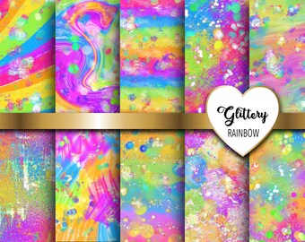 Neon Rainbow and Golden Glitter Digital Paper Collection | Etsy