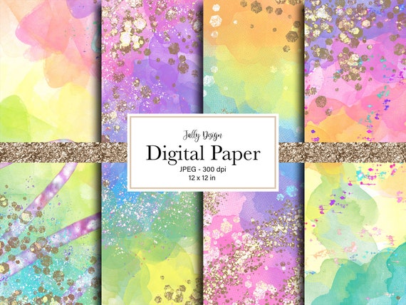Rainbow and Glittery Watercolor Digital Paper Collection - Etsy