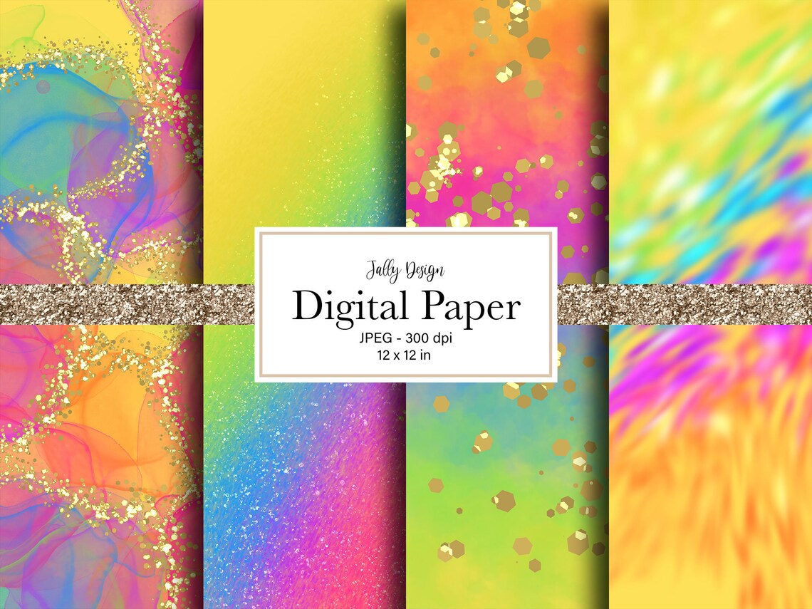 Neon Rainbow and Golden Glitter Digital Paper Collection - Etsy