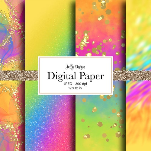 Neon Rainbow and Golden Glitter Digital Paper Collection - Etsy