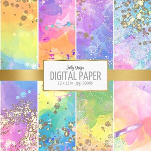 Rainbow and Glittery Watercolor Digital Paper Collection - Etsy