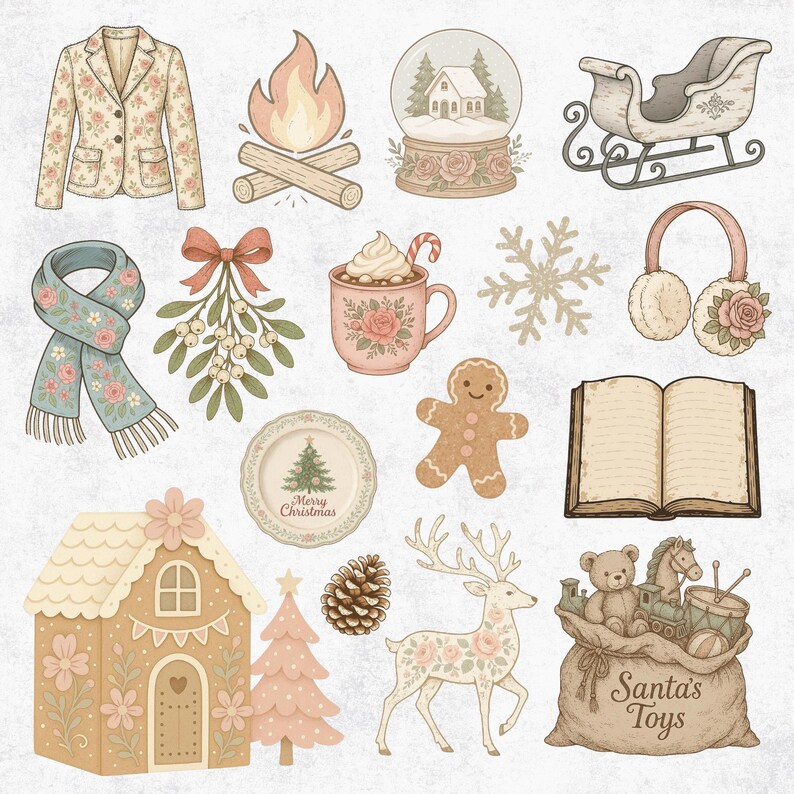Shabby Chic Christmas Clipart. Vintage Holiday PNG Set With Toys, Tree ...