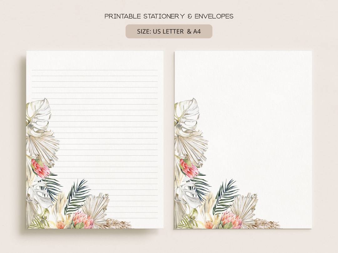 Tropical Boho Leaves | Printable Stationery & Envelopes | A4, US Letter ...