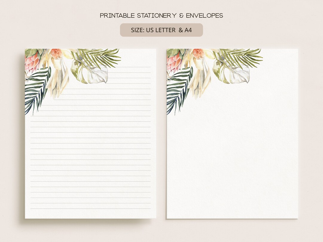 Tropical Boho Leaves | Printable Stationery & Envelopes | A4, US Letter ...