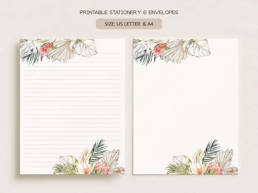 Tropical Boho Leaves | Printable Stationery & Envelopes | A4, US Letter ...