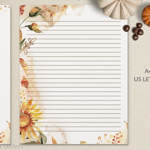 Autumn Sunflower Printable Letter Writing Paper / A4, 8.5x11 / Lined ...