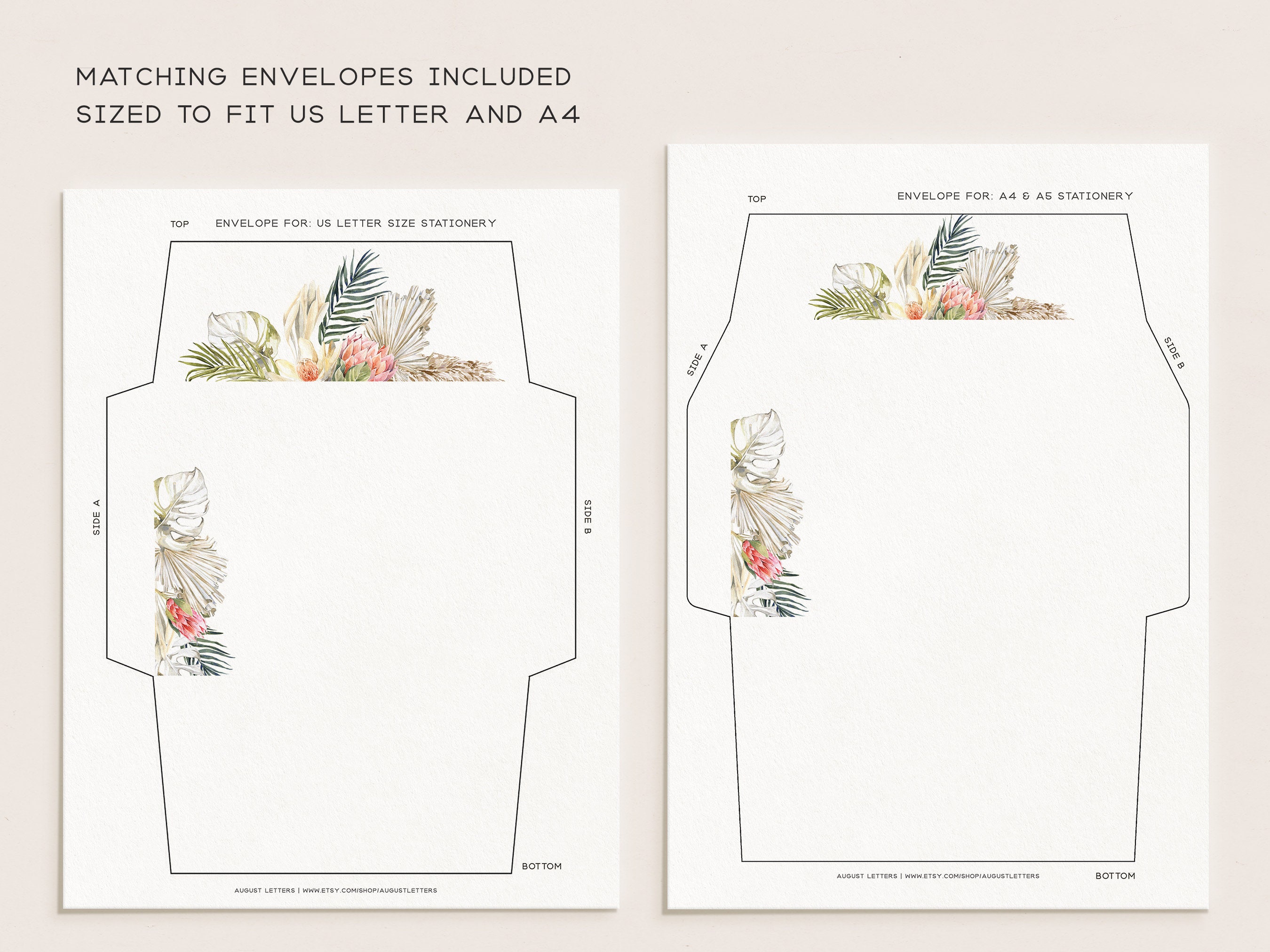 Tropical Boho Leaves Printable Stationery & Envelopes A4 - Etsy