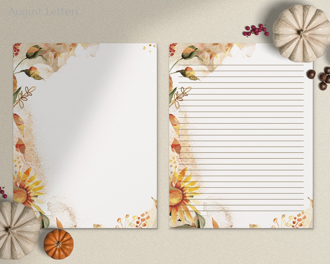 Autumn Sunflower Printable Letter Writing Paper / A4, 8.5x11 / Lined ...