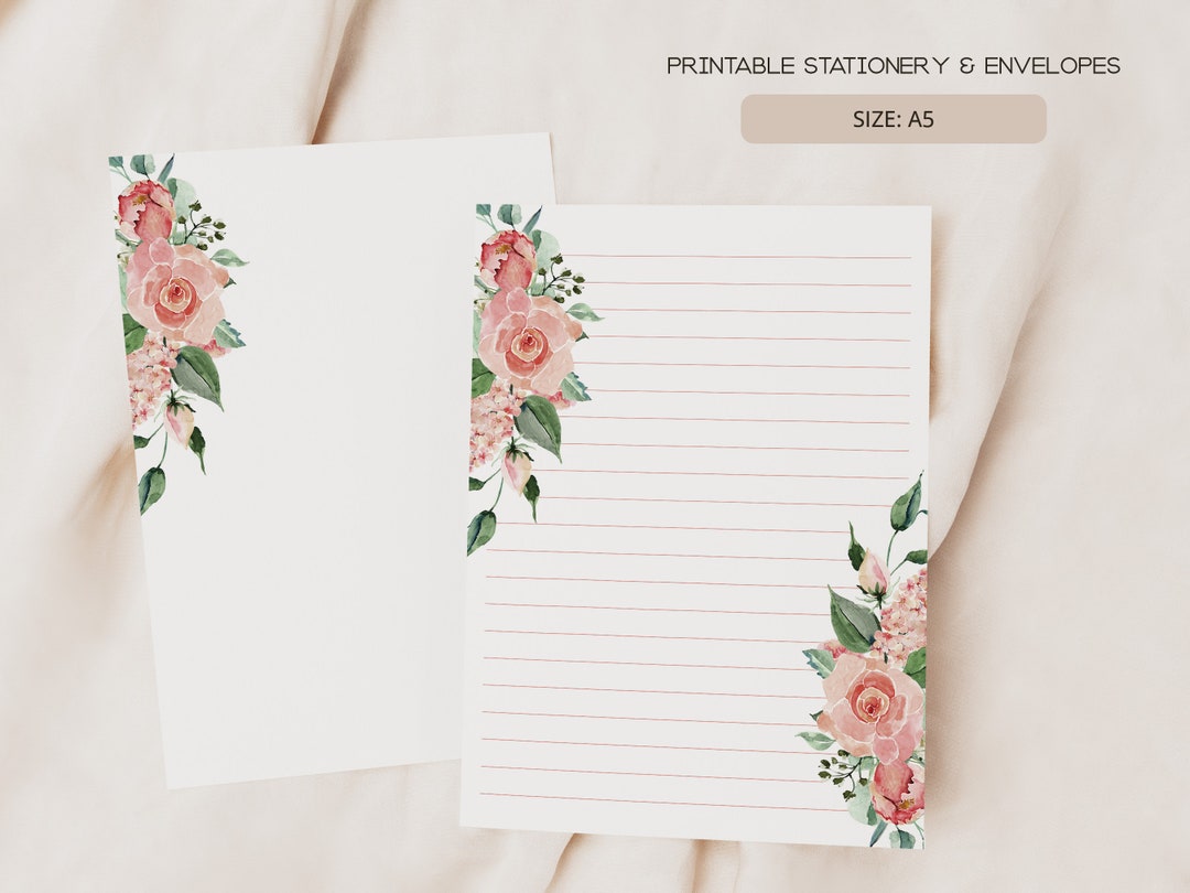 Pink Rose Florals | Printable Stationery & Envelopes | A5 | Lined ...