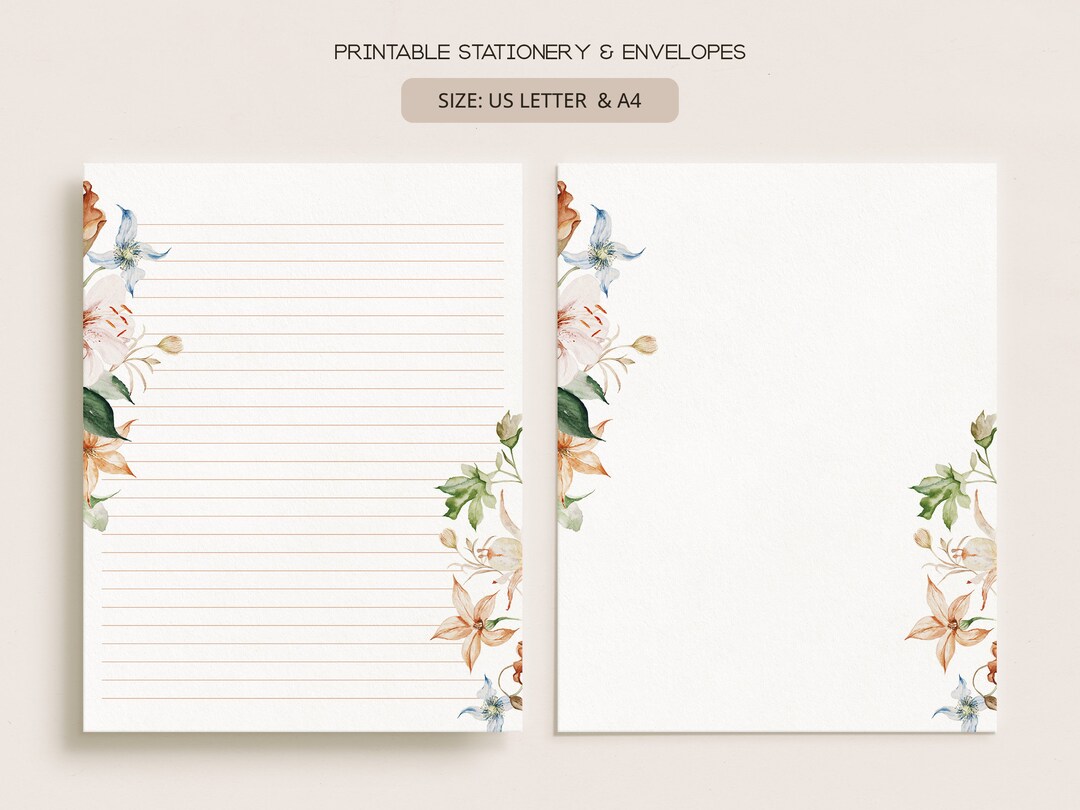 Printable Stationery Set With Envelopes | Lined Unlined Digital Letter ...