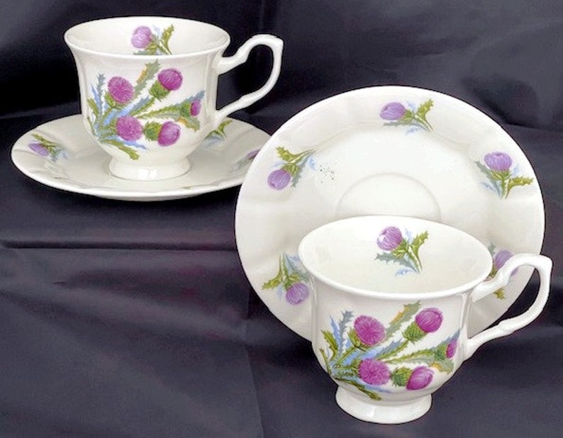 Set of 2 Bone China Cups and Saucers. Scottish Thistle - Etsy