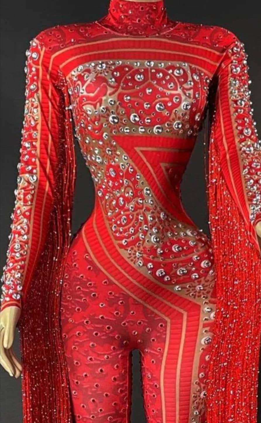 Stage Costume: Rhinestone Crystal Jumpsuit Red Unitard - Etsy