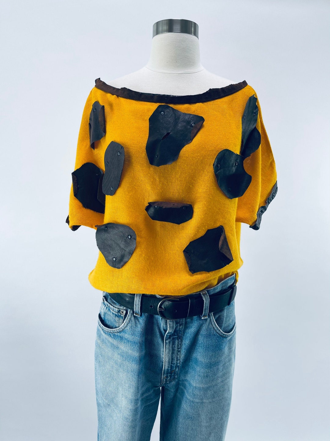 Leather Patched Yellow Top - Etsy