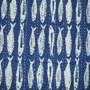 Handblock Fish Print Indian Handmade Kantha Quilt Bedspread Blanket ...