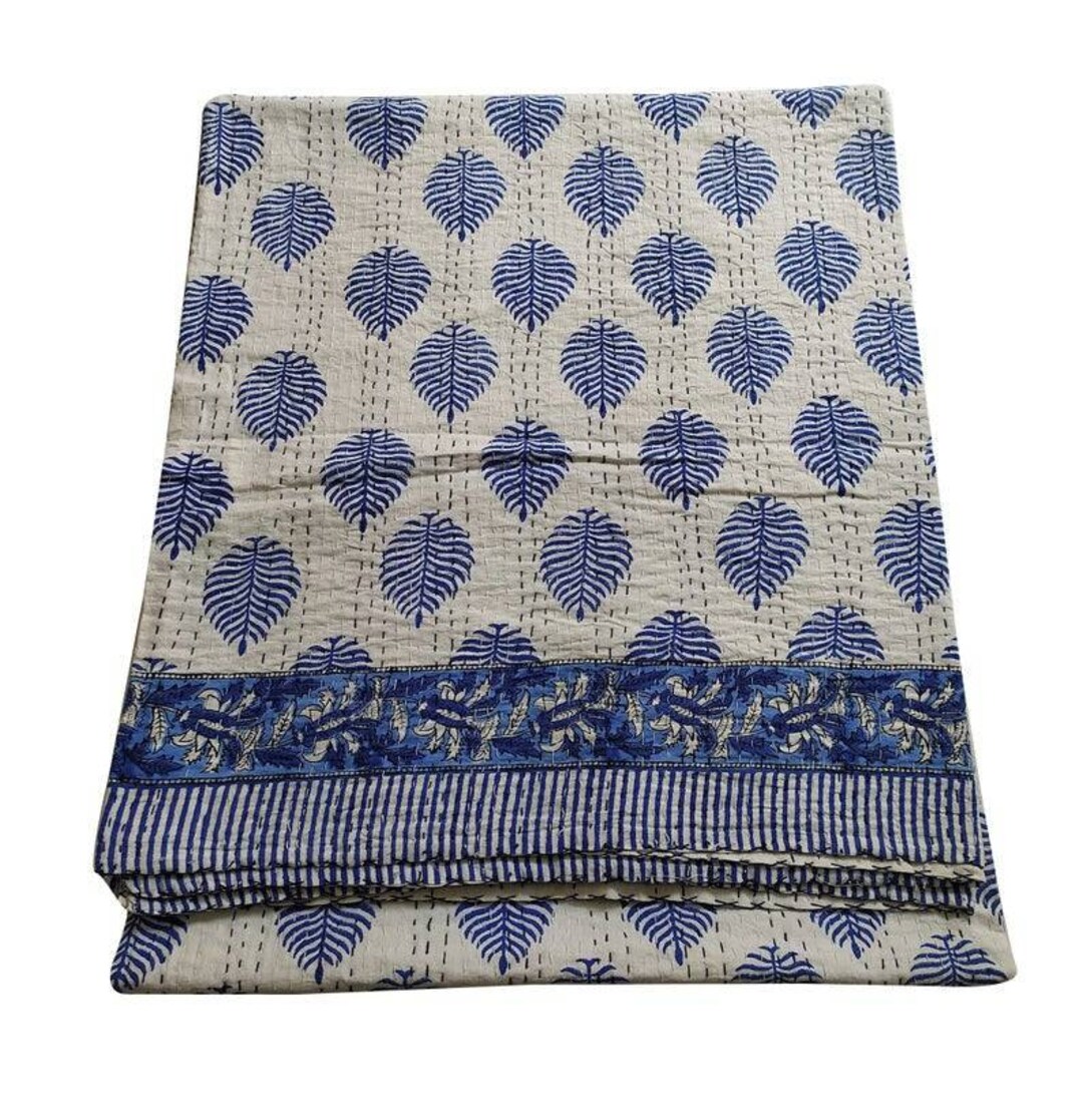 Indian Bedding Bedcover Leaf Print Indian Beautiful Kantha Bedspread ...