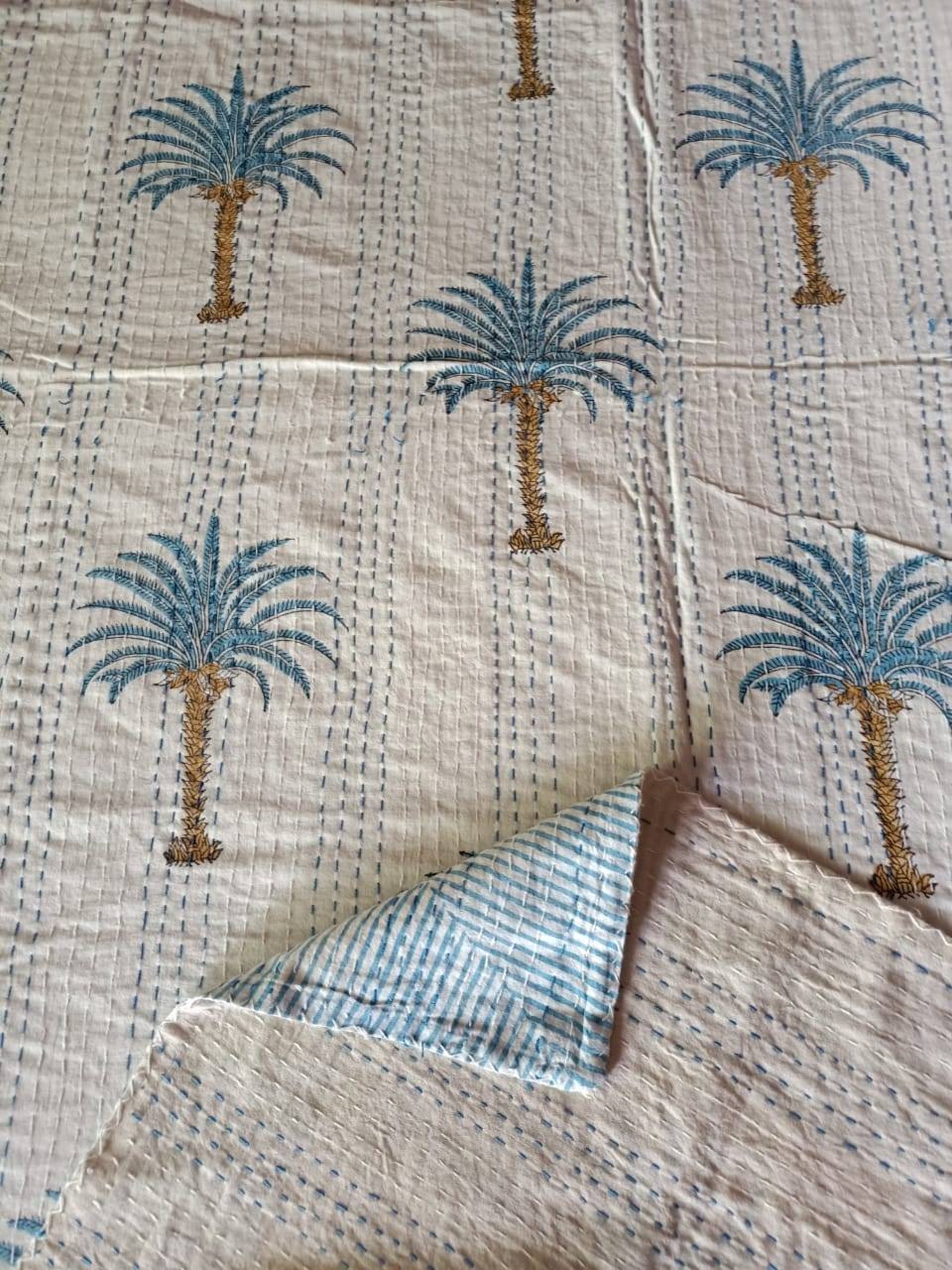 Palm Tree Quilt Beautiful Tree Print Decorative Indian Handmade Kantha ...