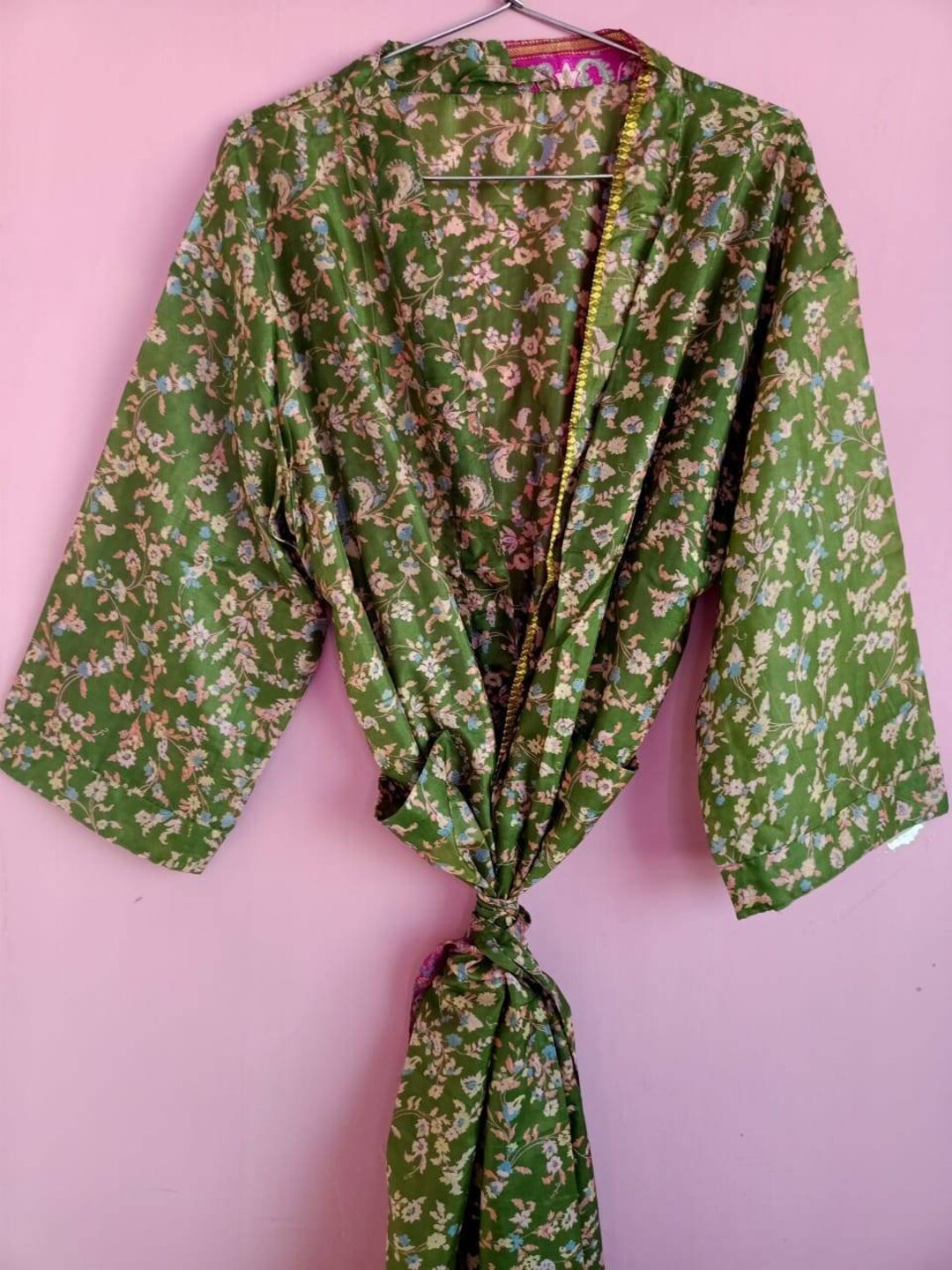 Green Floral Silk Sari Kimono Robe Night Costume Delivery Gown Sweam ...