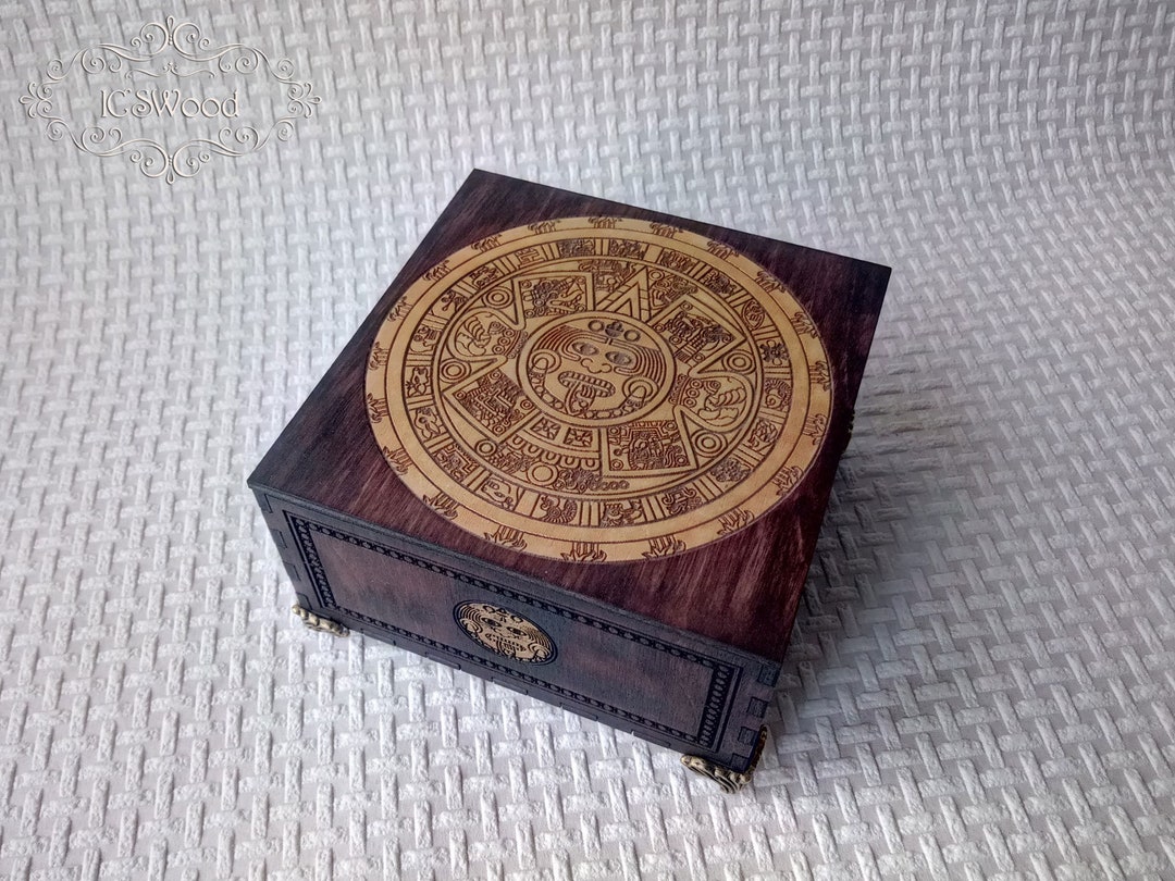 Wooden Maya Calendar Totem Laser Engraving Gift Box With Lid Laser Cut ...
