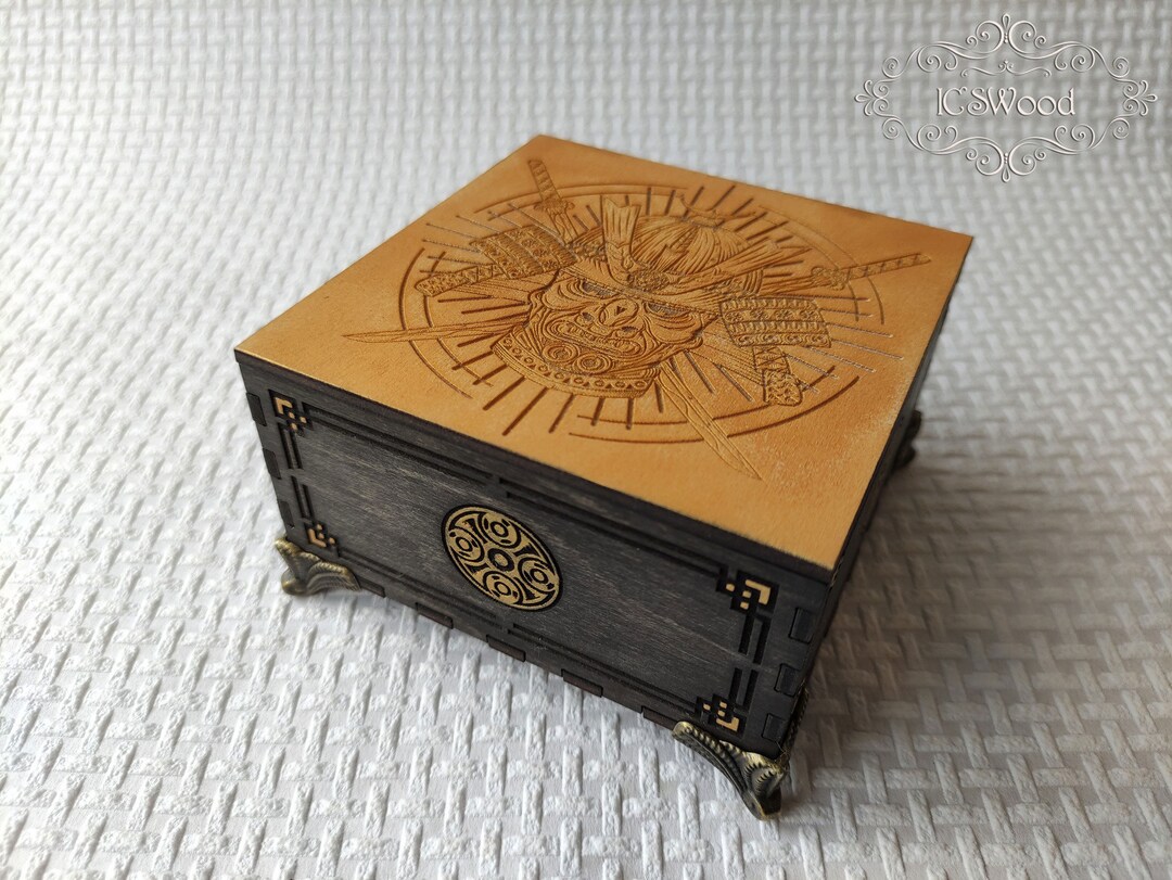 Wooden Japanese Samurai Warrior Mask Laser Engraving Gift Box With Lid ...