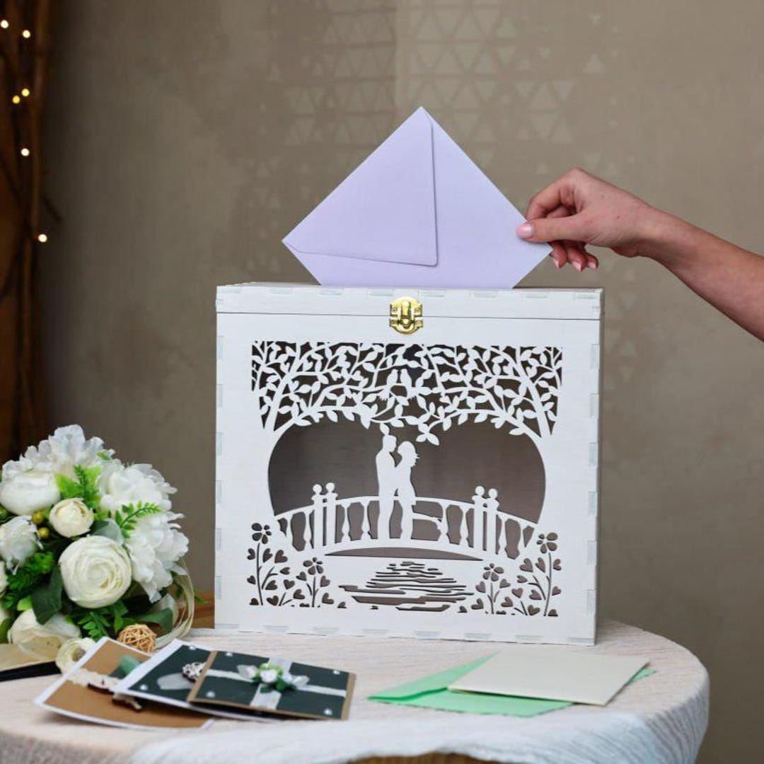 Rustic White Wedding Card Box With Lock – Personalized Wooden Money Box ...