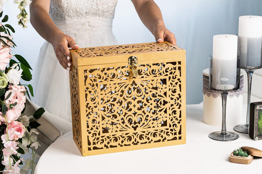 Gold Wedding Card Box With Lock, Wedding Card Holder, Wedding Post Box ...