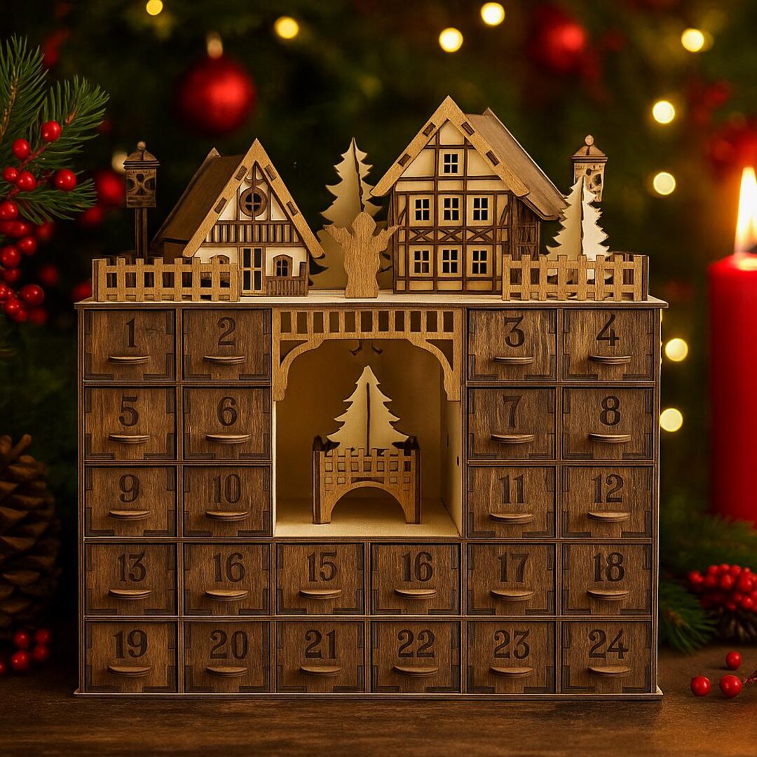 Wooden Advent Calendar House – Reusable Christmas Countdown Box With ...