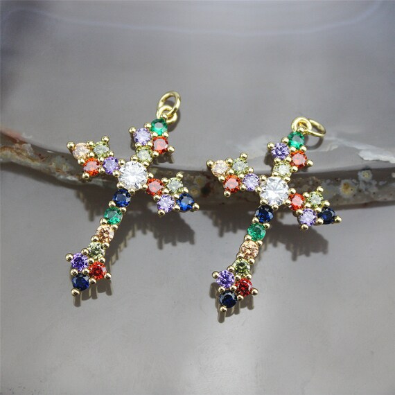 2-5pcs Rainbow Cubic Zirconia Micro Pave Charm Pendantcross | Etsy