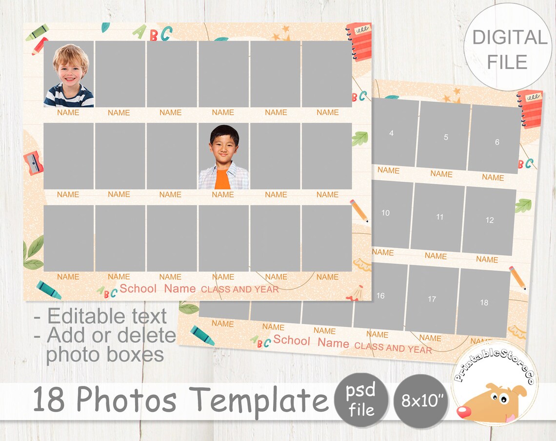 Class Photo Template, School Photo Collage Template for 18 Pictures ...