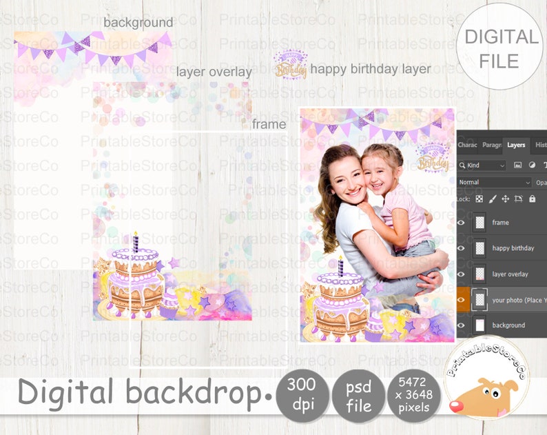 Digital Backdrop Happy Birthday, Digital Scrapbooking Overlays Baby ...