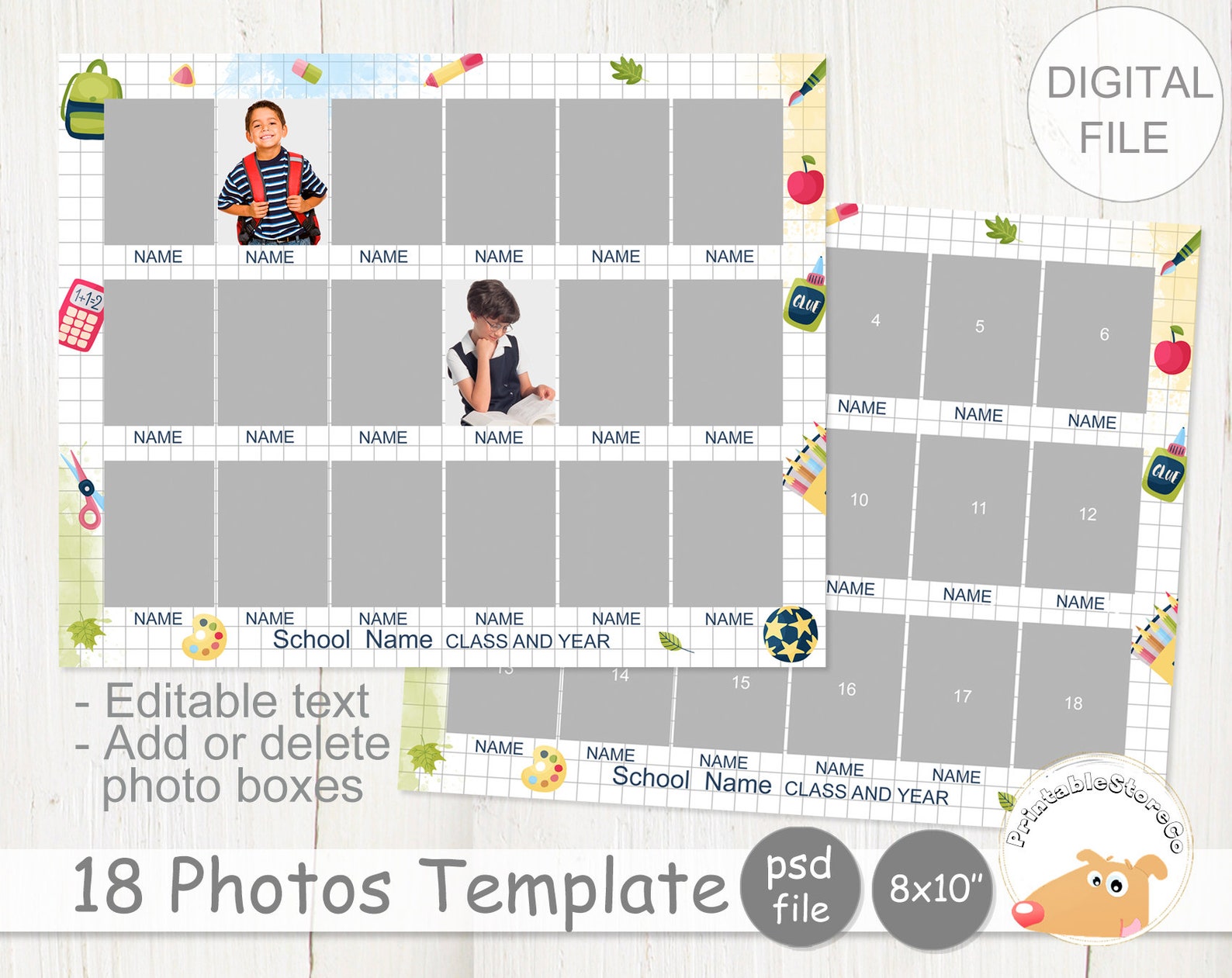 School Photo Collage Template for 18 Pictures, Custom Kindergarten ...