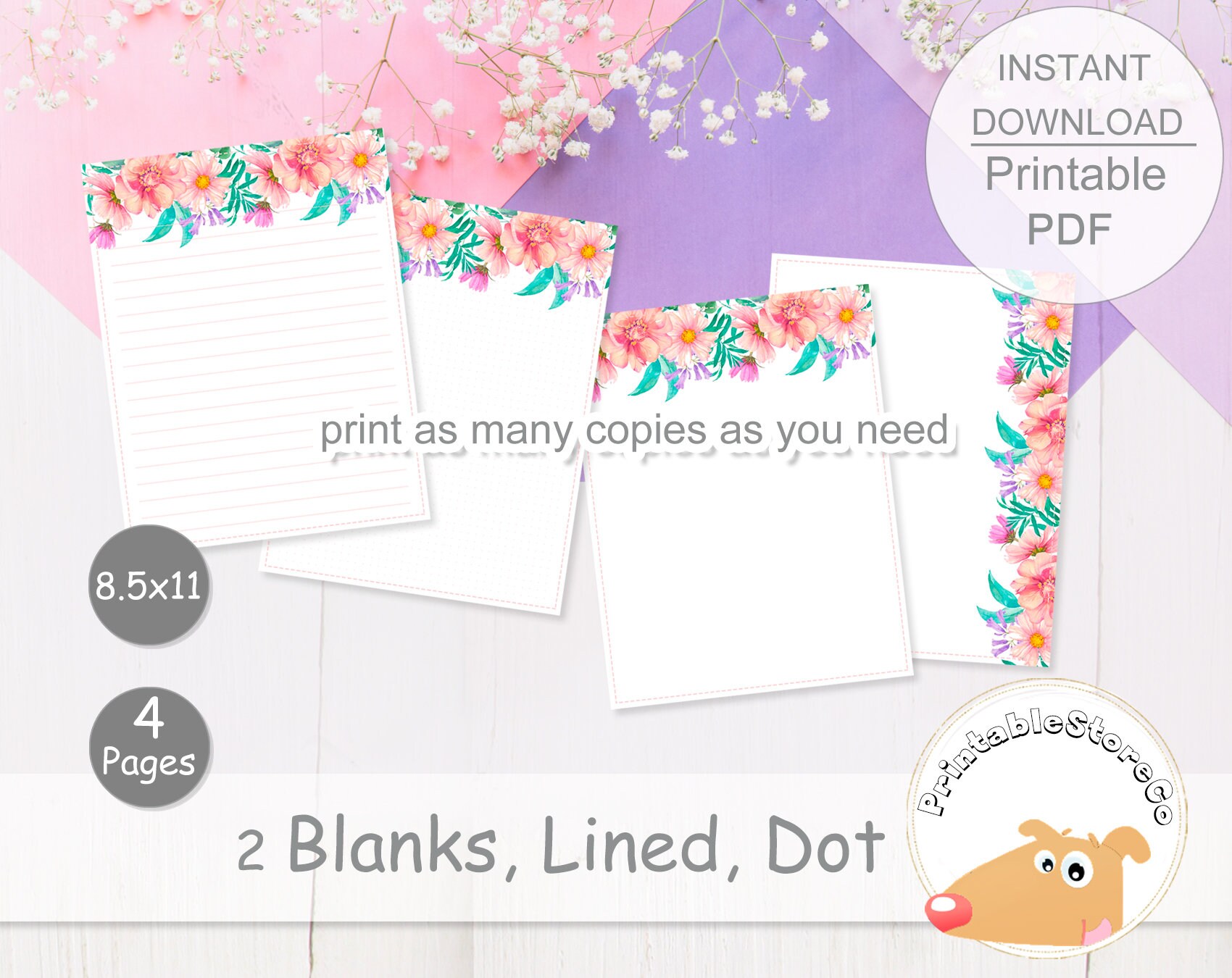Printable Floral Notes Pages Watercolor Pink Floral | Etsy