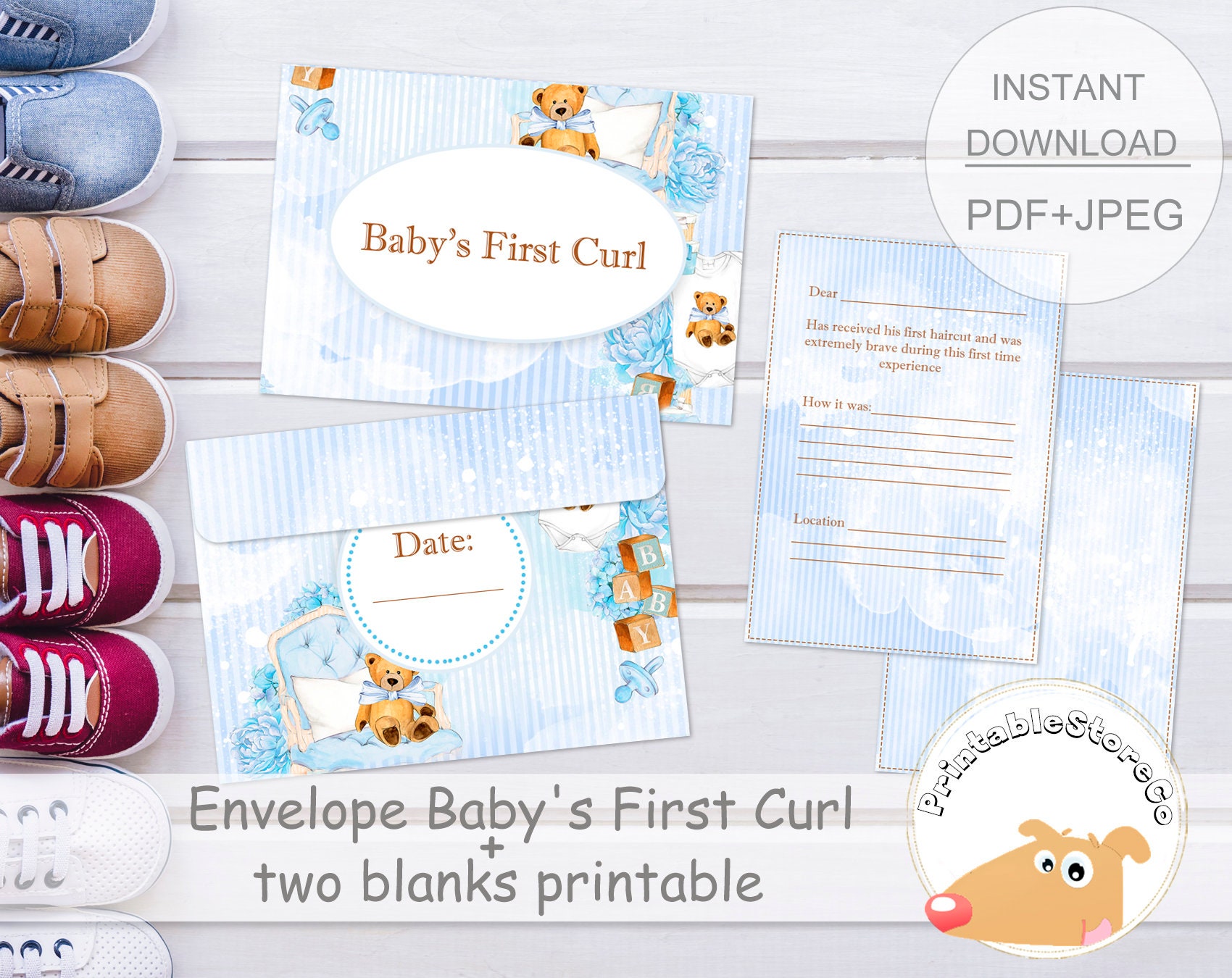 Printable Blue Baby's First Curl Envelope, First Haircut Keepsake ...