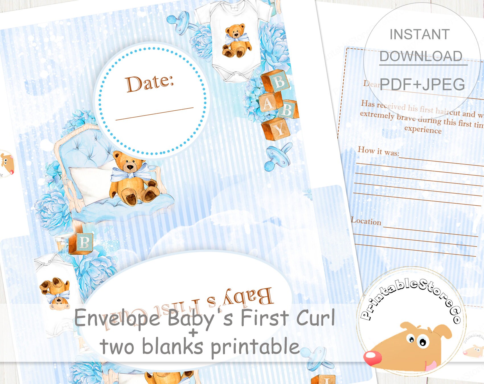 Printable Blue Baby's First Curl Envelope, First Haircut Keepsake ...