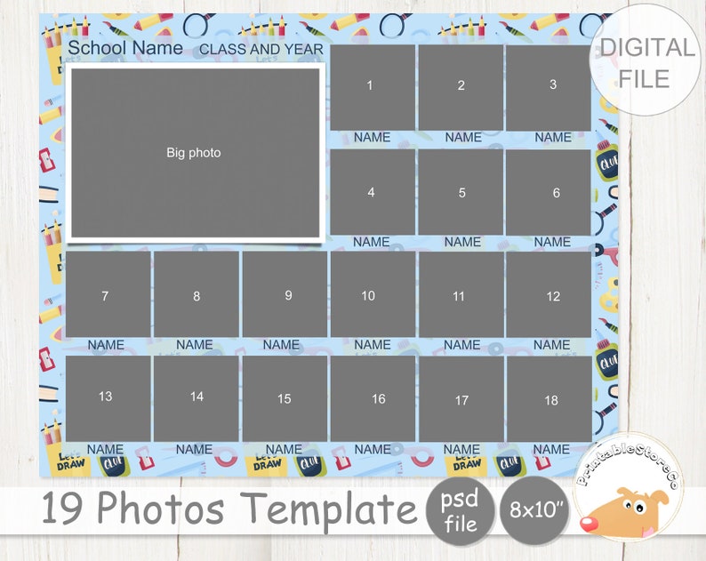 School Photo Collage Template for 19 Pictures, School Picture Board ...