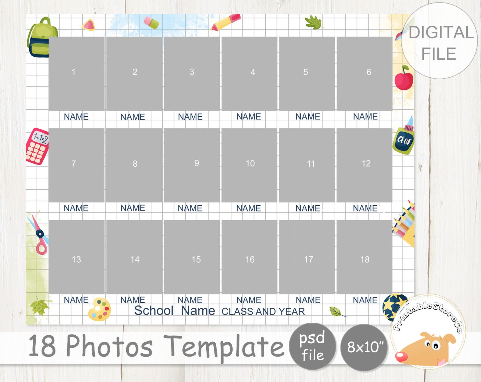 School Photo Collage Template for 18 Pictures, Custom Kindergarten ...