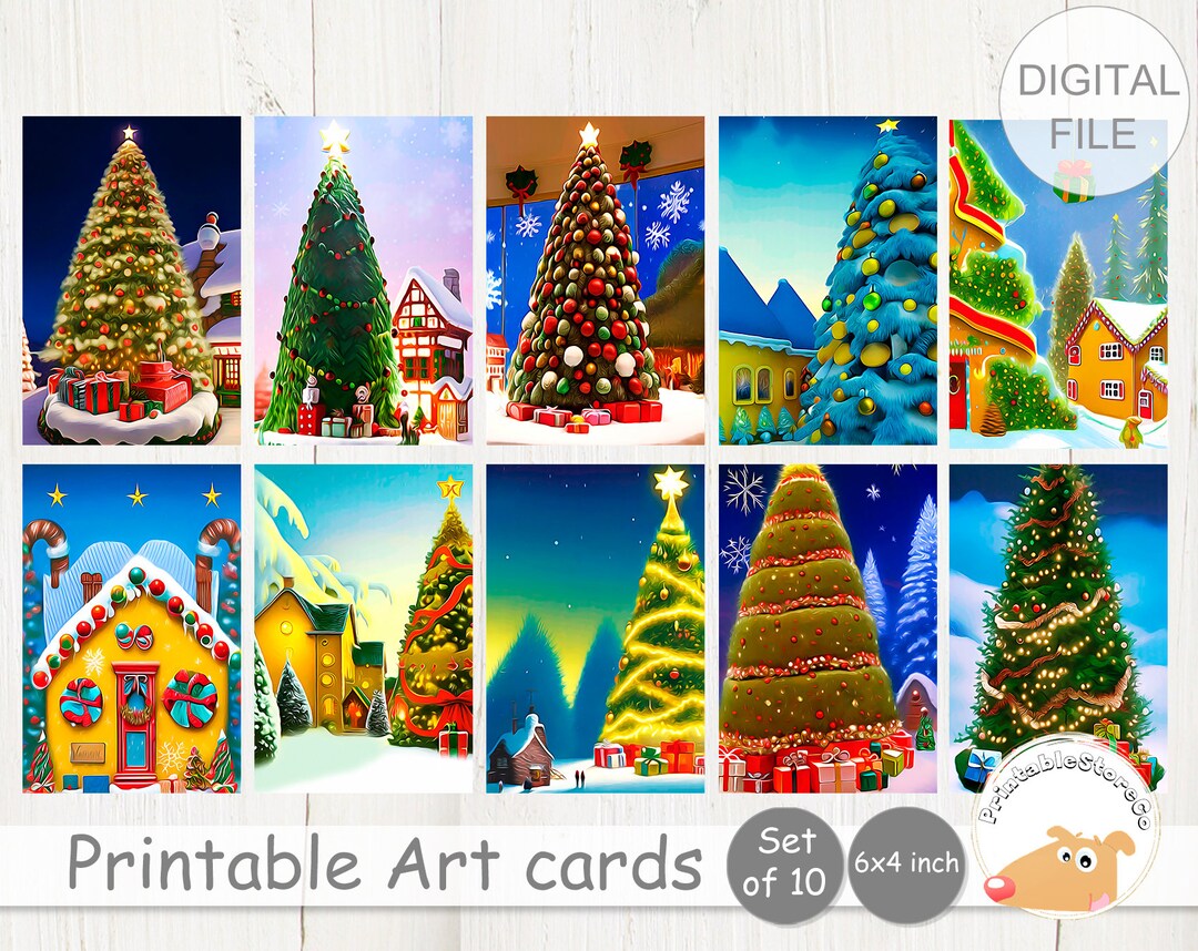 Christmas Tree Cards Printable, Digital Set of 10 Cards, Christmas ...