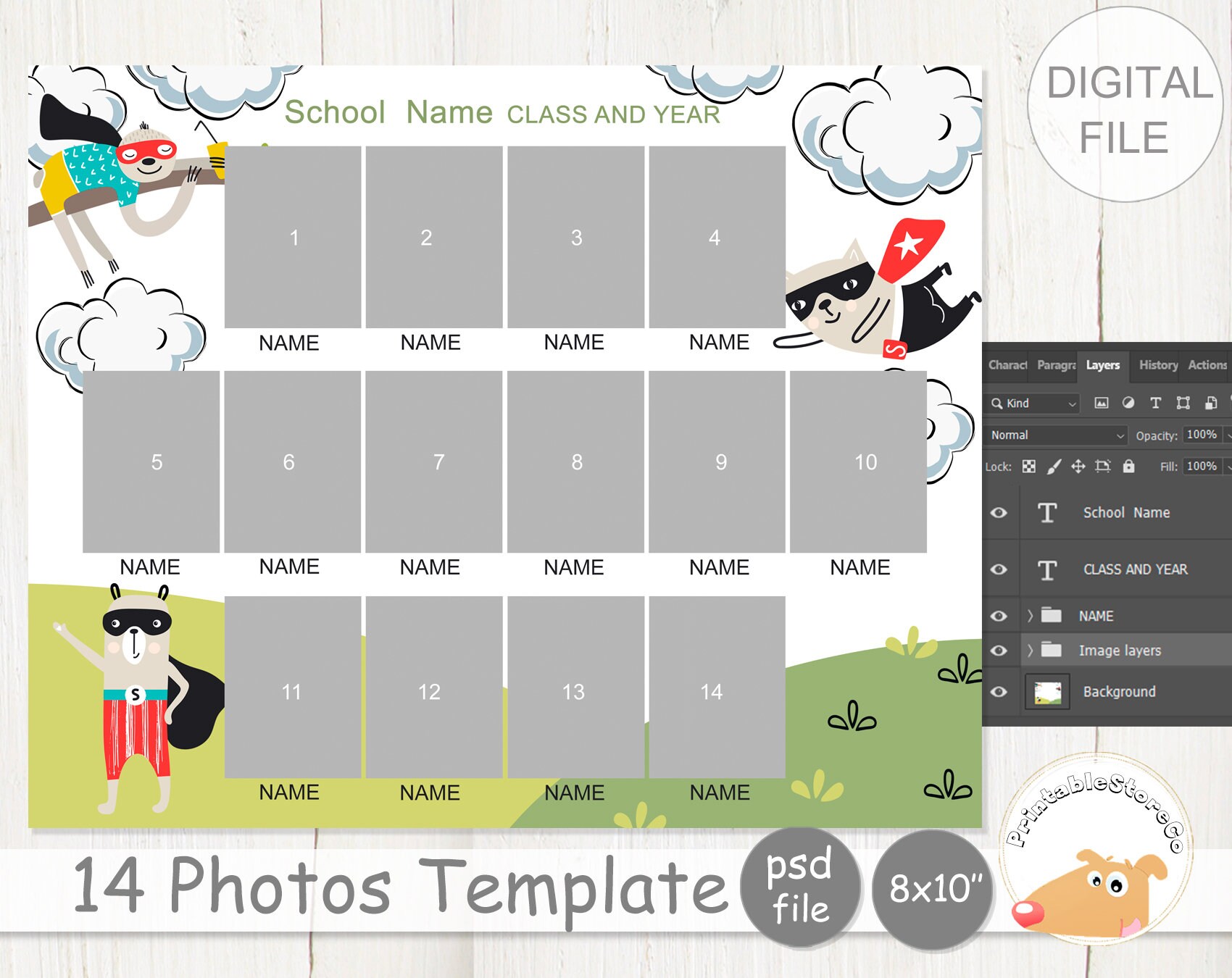 Photo Template, Customizable School Class Photo Collage Template for 14 ...