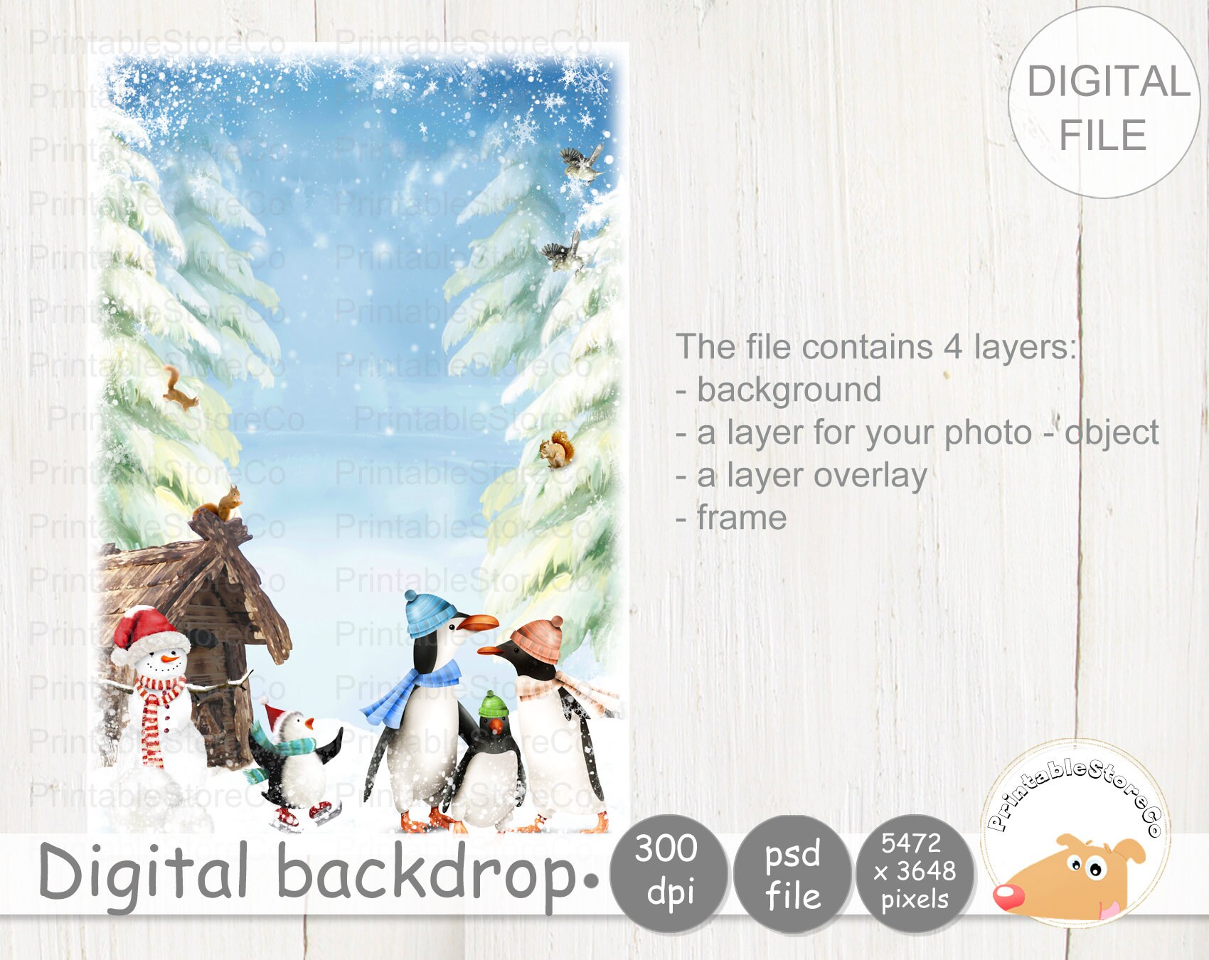 Animals Digital Backdrop, Background Penguin, Christmas Photo Card ...