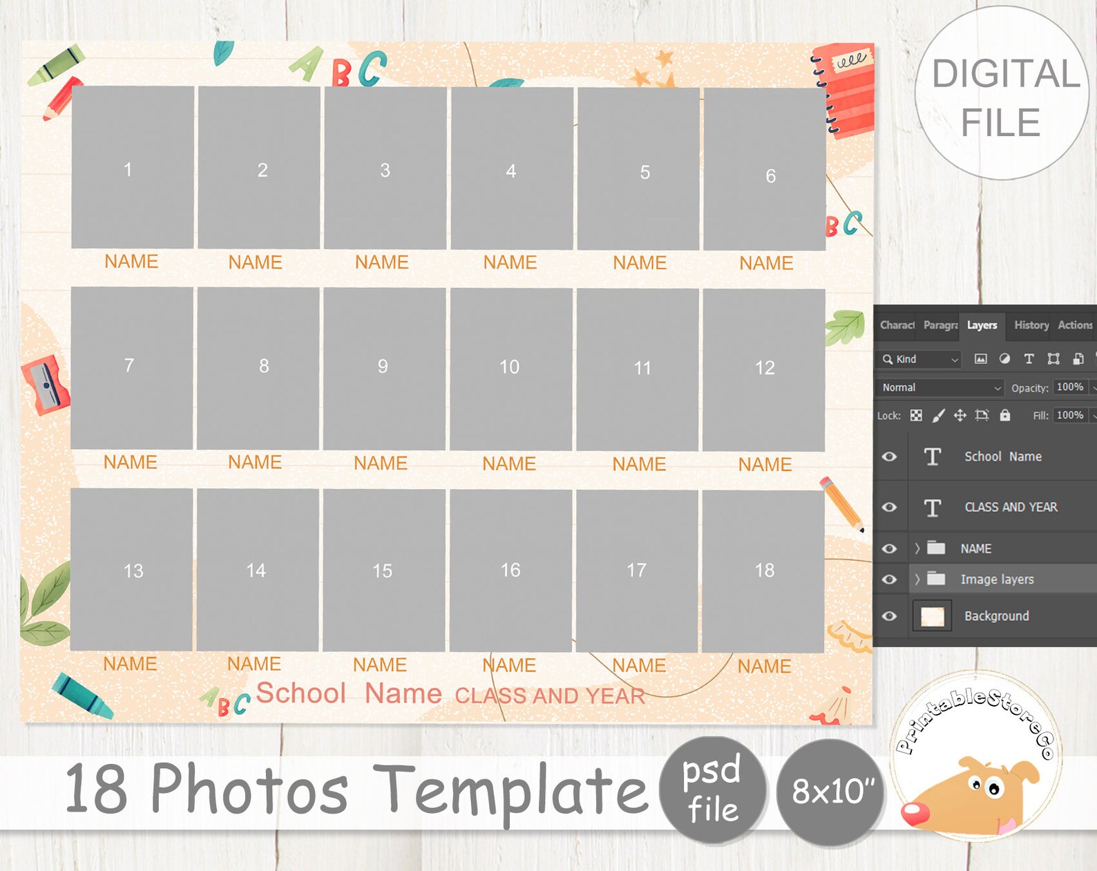 Class Photo Template, School Photo Collage Template for 18 Pictures ...