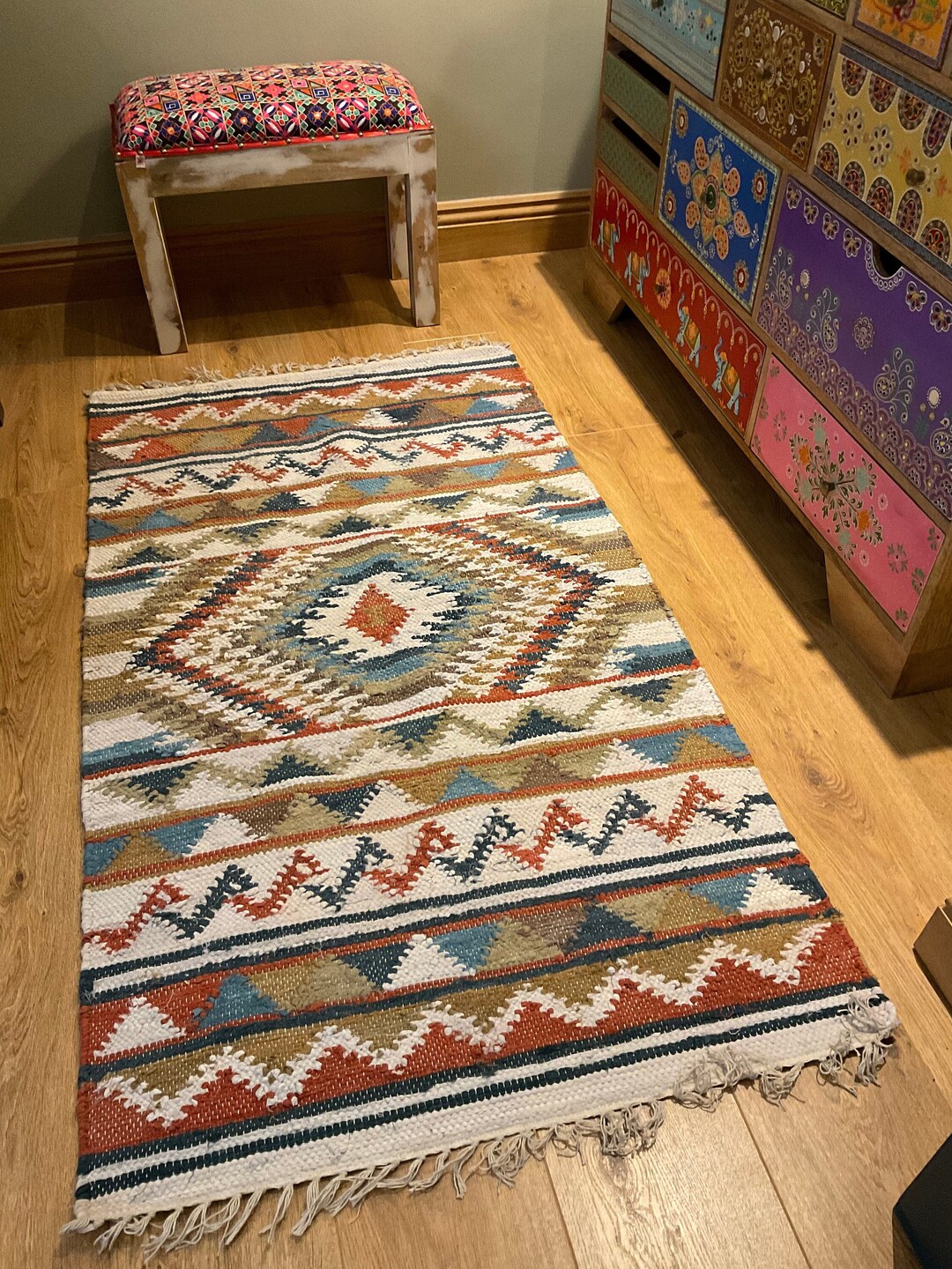 Indian Panja Loom Cotton Blue and Brown Geometric Kilim Rug 75 Cm X 135 ...