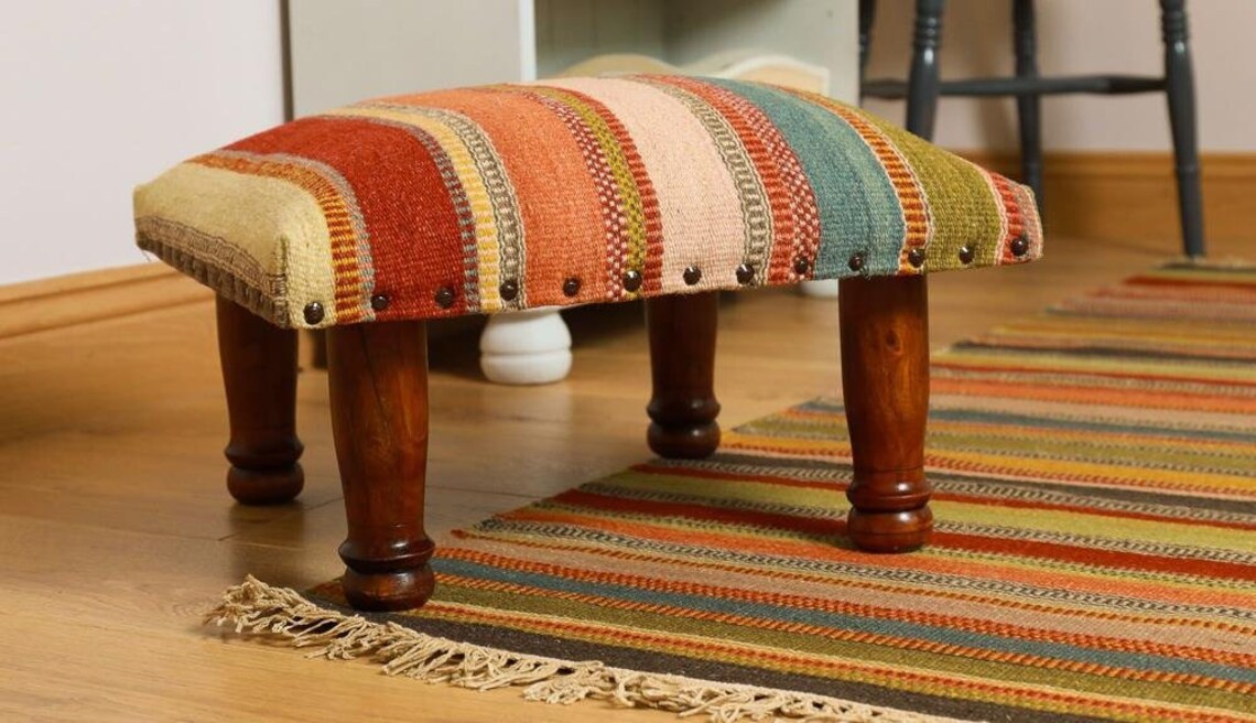 Multi Colour Kilim Footstool Wool Cotton Striped Design Red - Etsy UK