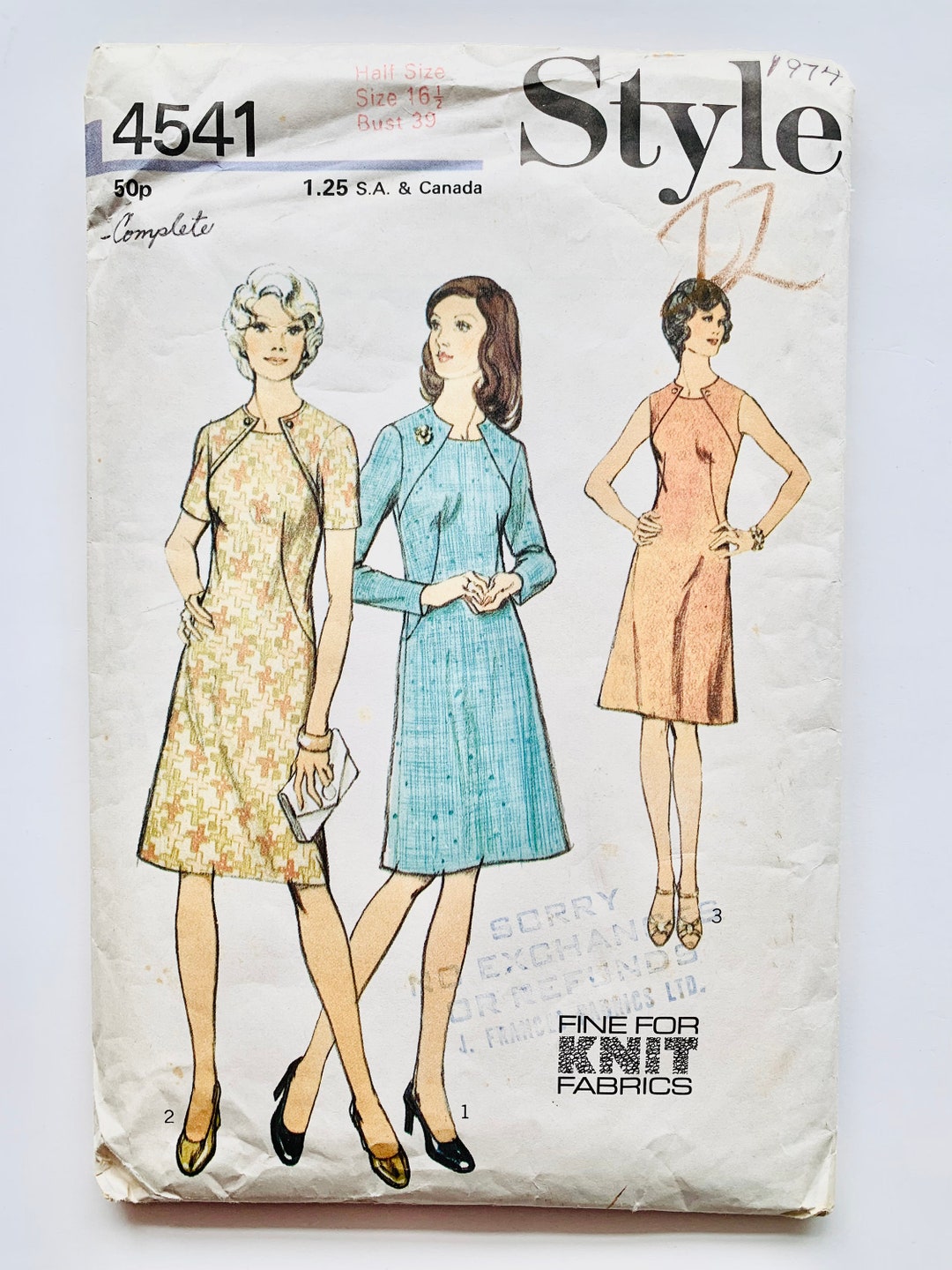 Vintage 1974 Style 4541, Womens A-line Dress Pattern, Sz16 1/2 B39 W33 ...