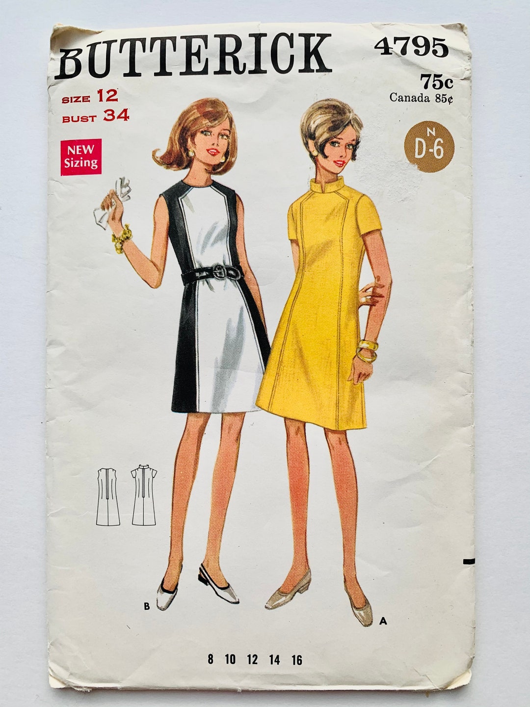 Vintage 1960s Butterick 4795 Womens Dress Pattern, Sz12 B34 W25 2/2 H36 ...