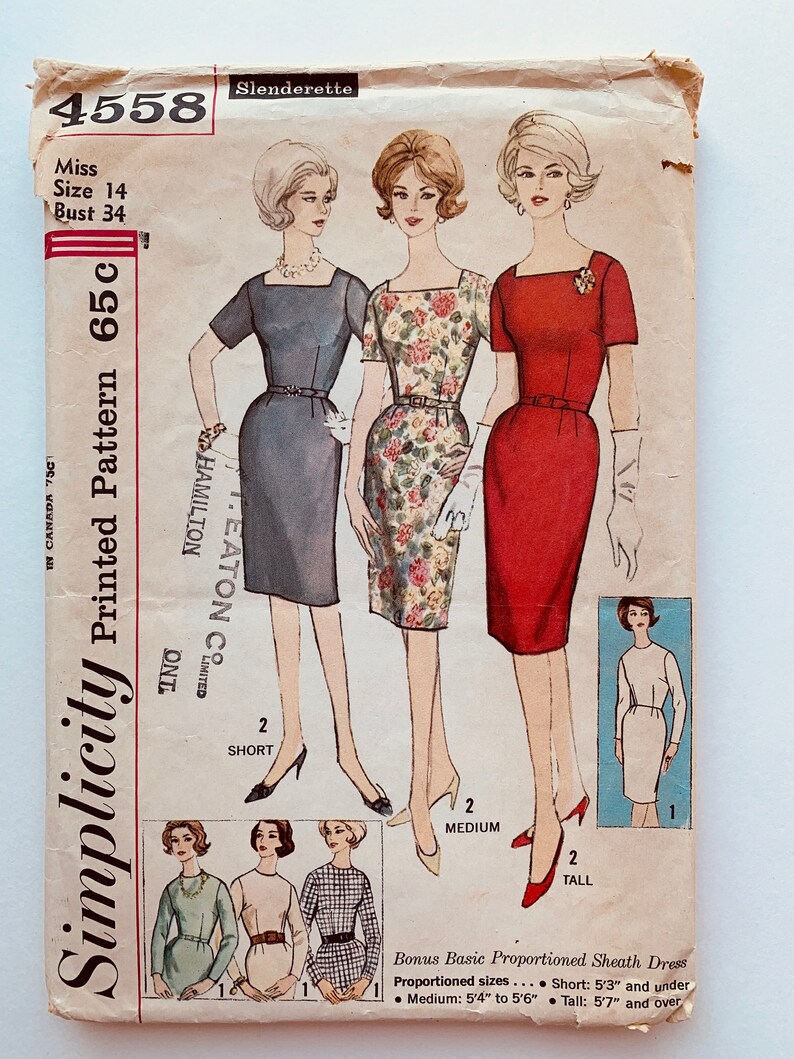 Vintage 1960s Simplicity 4558 Womens Proportioned Sheath Dress, Sz14 ...