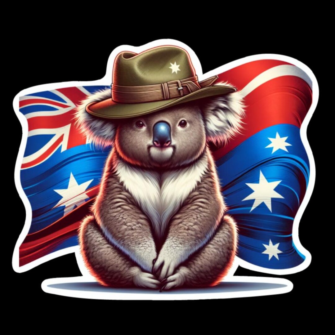 Koala in Army Hat Holding Australian Flag Sticker for Caravans ...