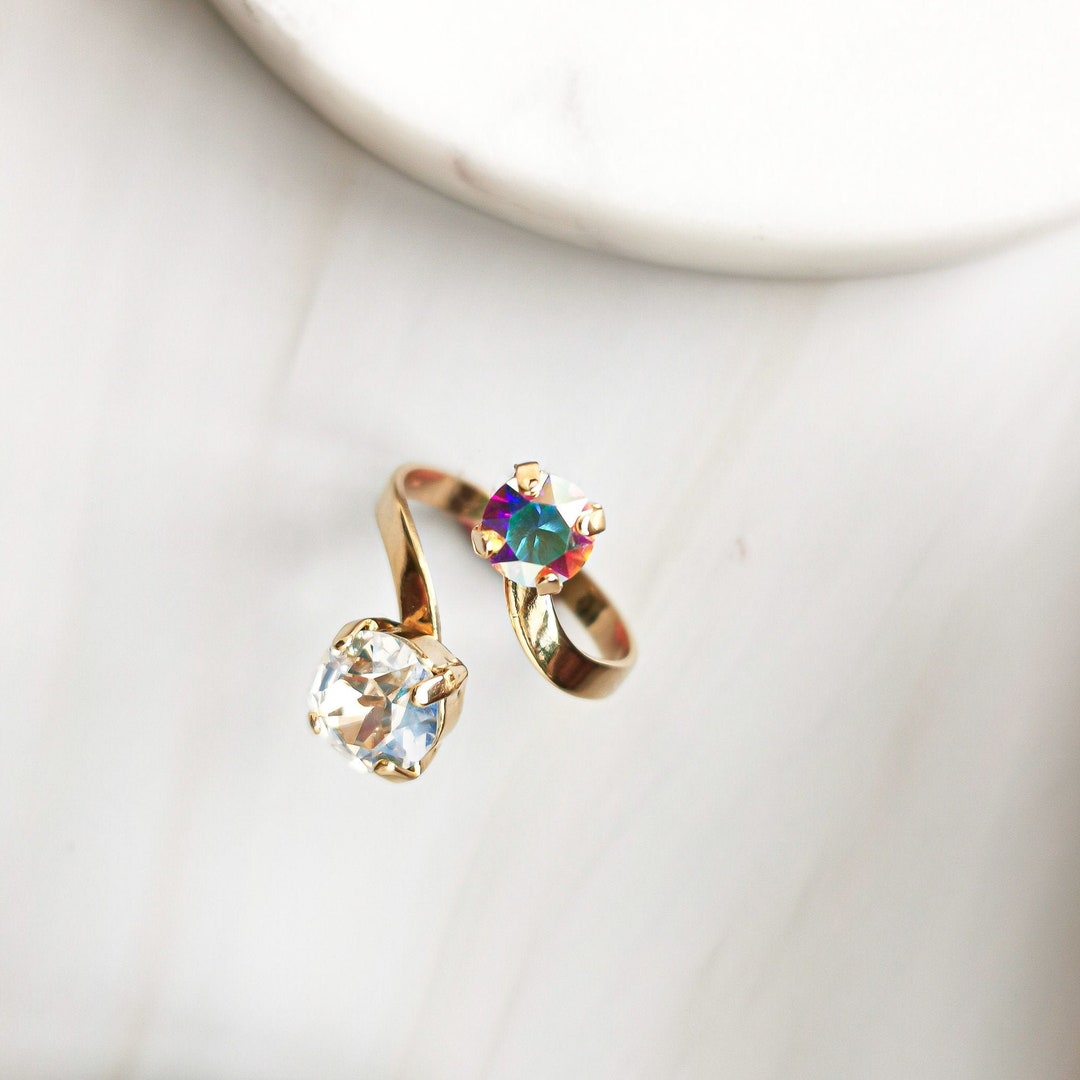 Two Stone Adjustable Crystal Ring / Rose Gold or Silver Ring/ Adjustable Two Stone Ring/ Aurora ...